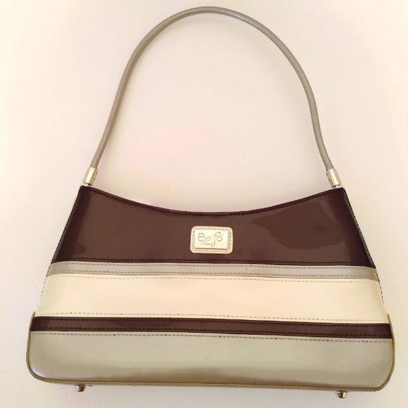 Beijo | Bags | Beijo Classic Brown Gray Metallic Faux Patent Leather ...